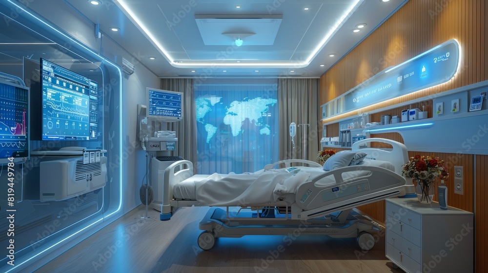 HD depiction of a smart hospital room with integrated voice control ...