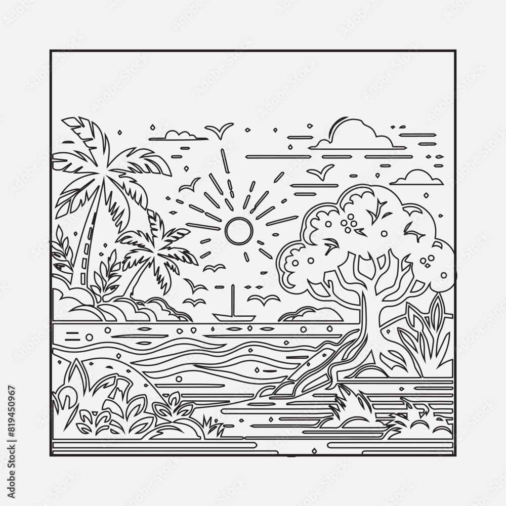 Draw a sketch of a beach scene with a neat outline Stock Vector | Adobe ...