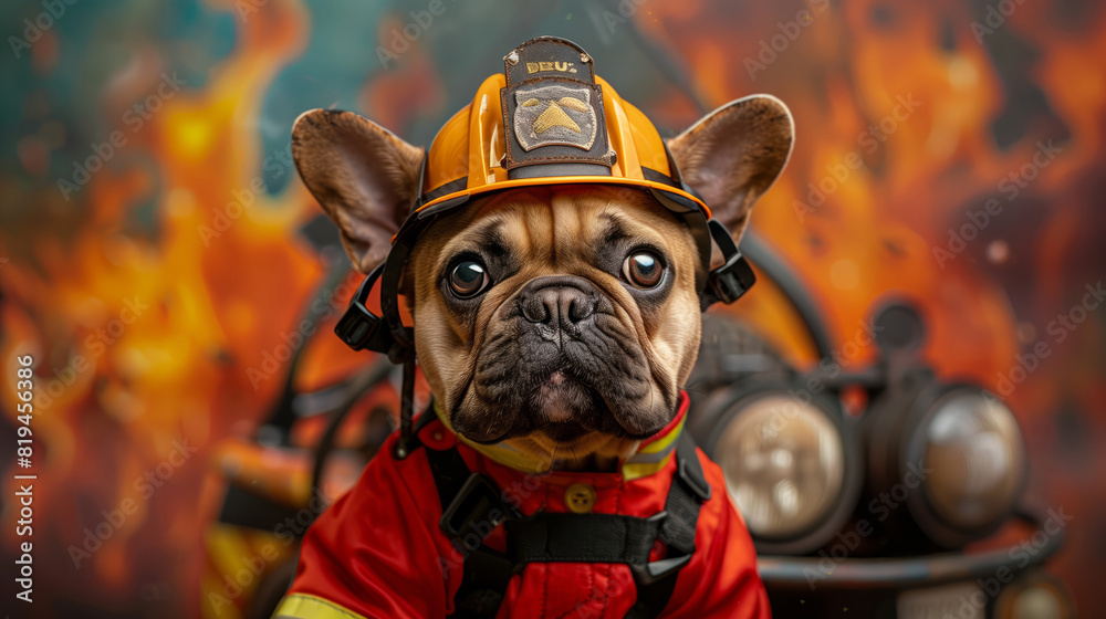 French Bulldog dressed in a firefighter's uniform, complete with a tiny ...