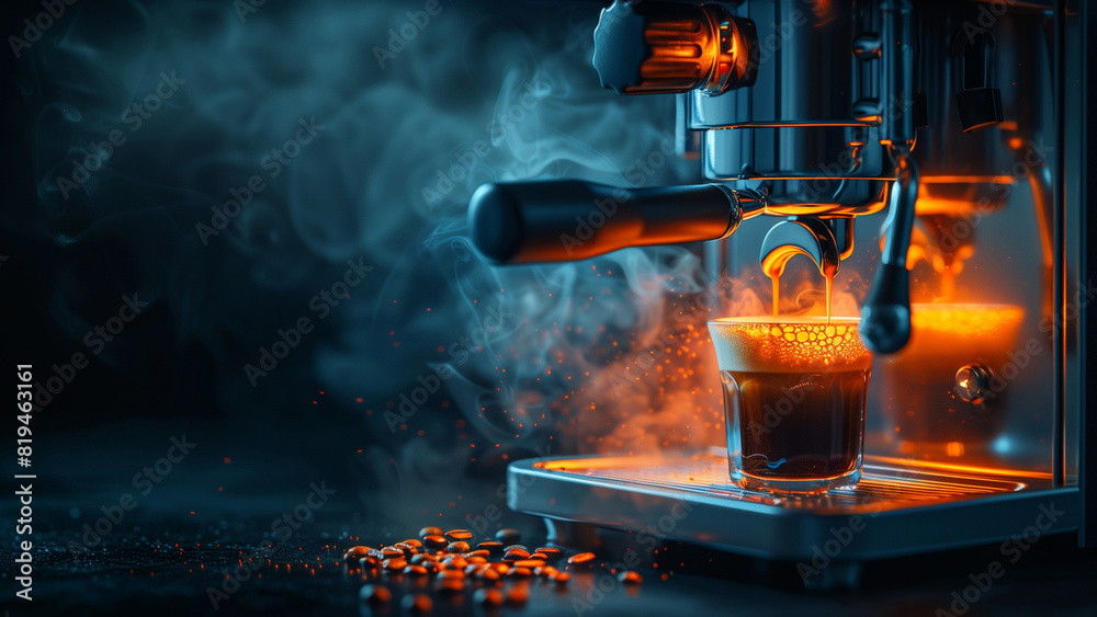 Coffee machine backdrop. Hot coffee flow to cup on dark background ...