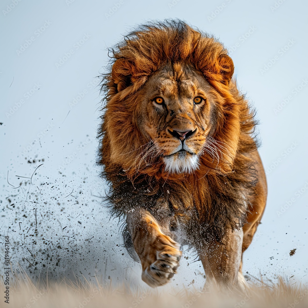 side view male lion, full body running side view photo portrait on ...