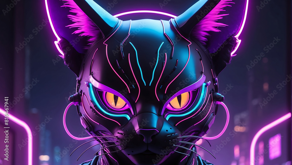 A futuristic cat wear helmet glows with vibrant purple neon lights and ...