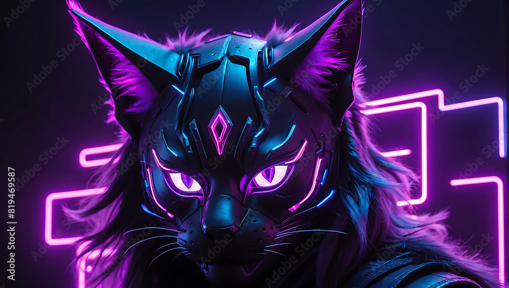 A futuristic cat wear helmet glows with vibrant purple neon lights and ...