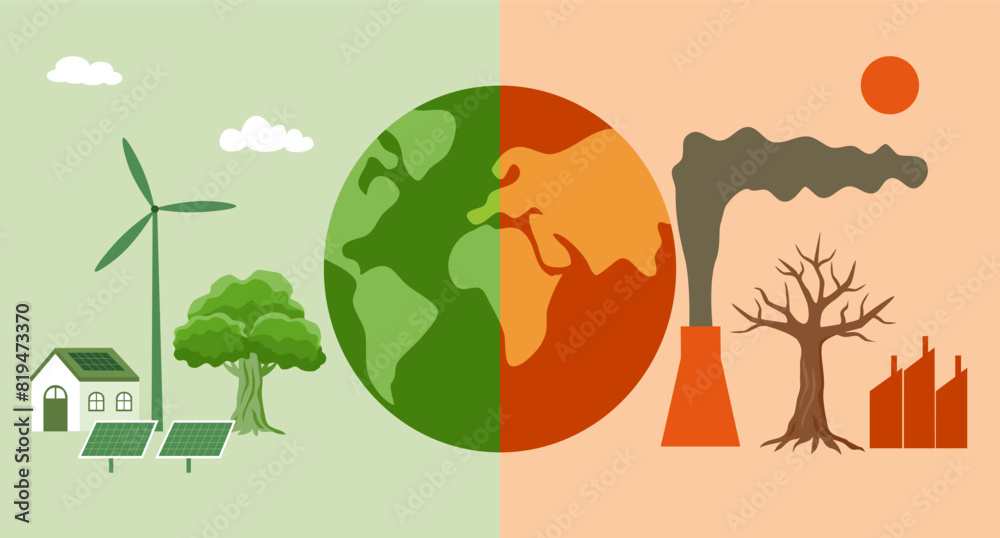 Global warming and climate change concept. Half world of polluted and ...