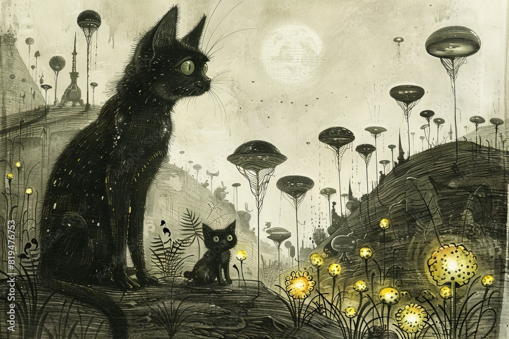Surreal illustration of two black cats in a mystical landscape under a ...