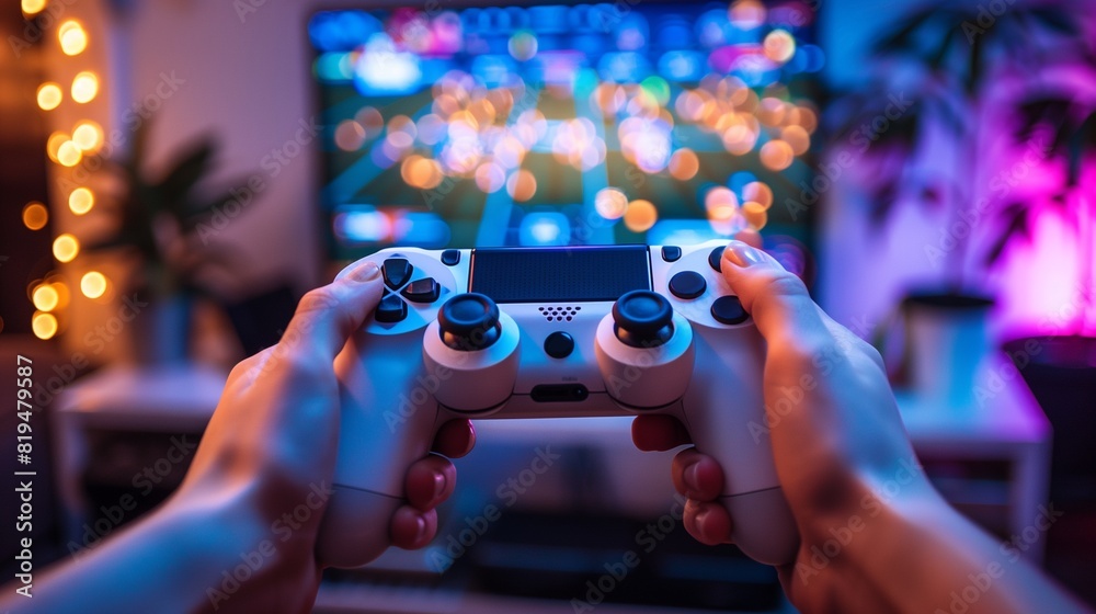 Hand holding game controller with digital screen showing gaming ...