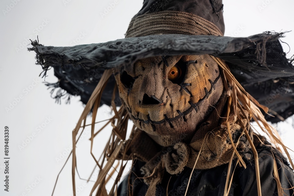 Realistic photograph of a complete Scarecrows,solid stark white ...