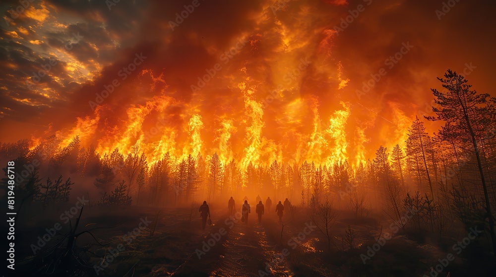 A forest on fire, symbolizing the destructive power of wildfires and ...