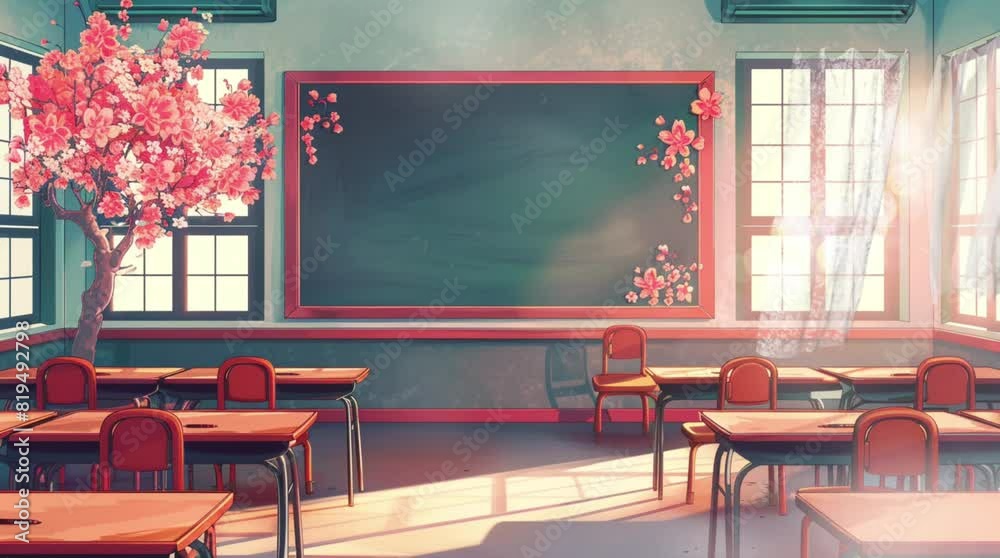 Korean classroom with cherry blossom trees, blackboard in the middle of ...