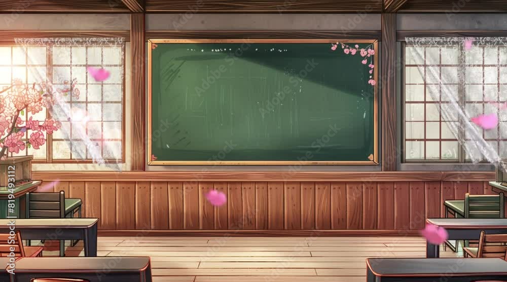 A simple classroom with wooden floors and wooden walls, has a ...