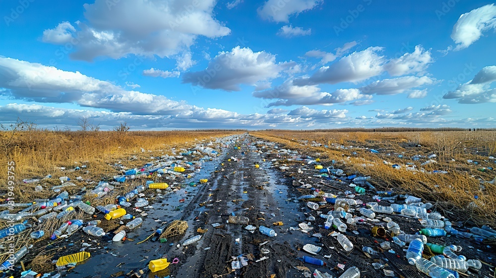 A landscape photo of a barren wasteland covered in plastic trash ...