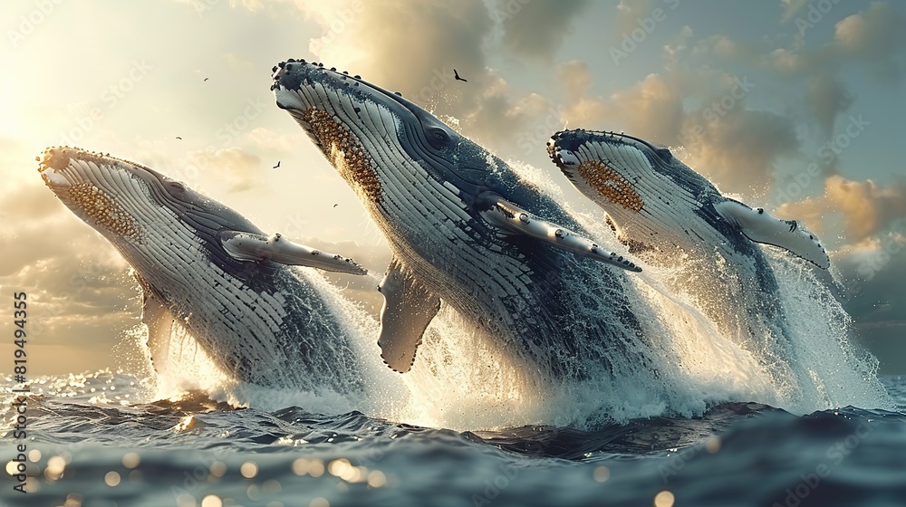 An image of a group of whales breaching the ocean surface, symbolizing ...