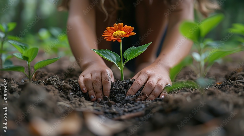 A close-up photo of a child planting a flower in a community garden ...