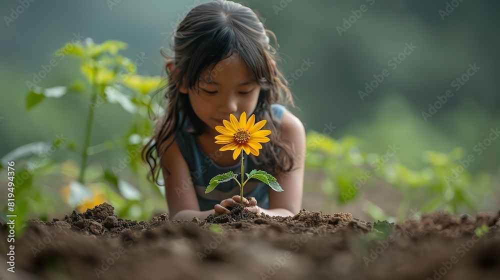 A close-up photo of a child planting a flower in a community garden ...
