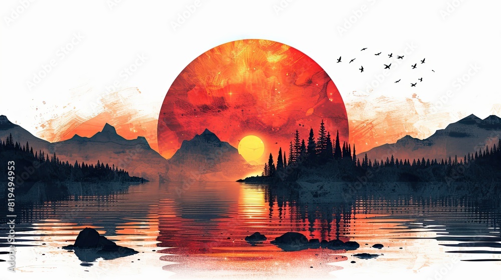 T-shirt design featuring a minimalist horizon with a flat 2D ...