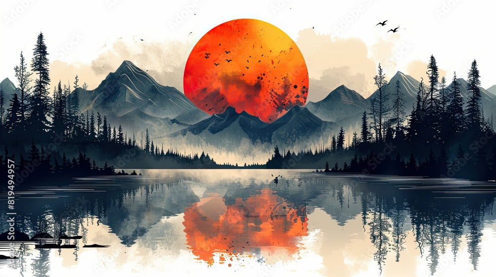 T-shirt design featuring a minimalist horizon with a flat 2D ...
