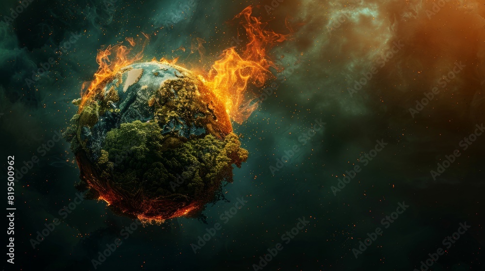 Dramatic digital artwork of an Earth-like planet on fire against a dark ...