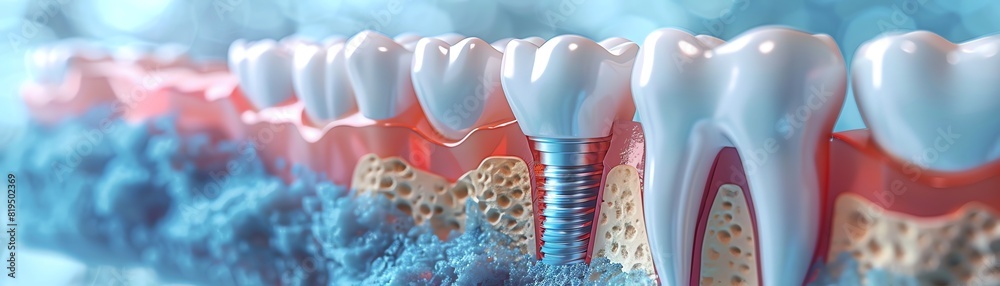Dental implant and healthy molar teeth alongside gums in a professional ...