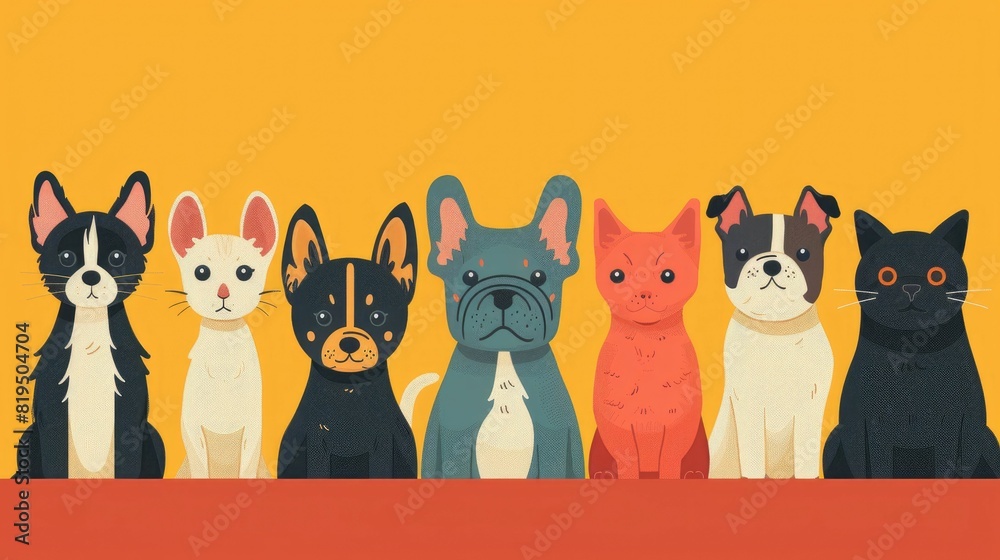 ภาพประกอบสต็อก Illustration of adorable cartoon cats and dogs lined up ...