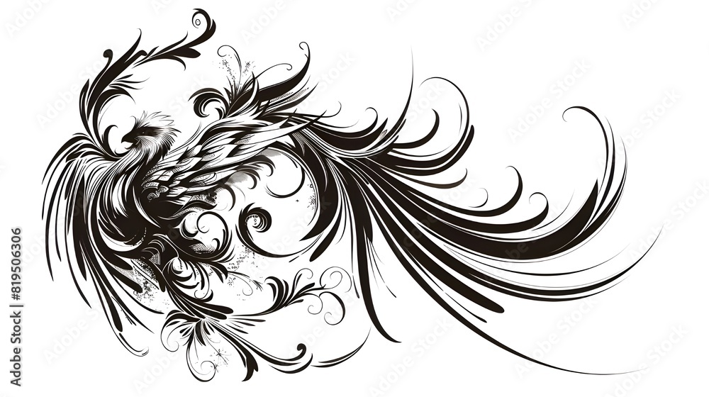 Flying chinese phoenix, , tattoo, sticker design, Black and white ...