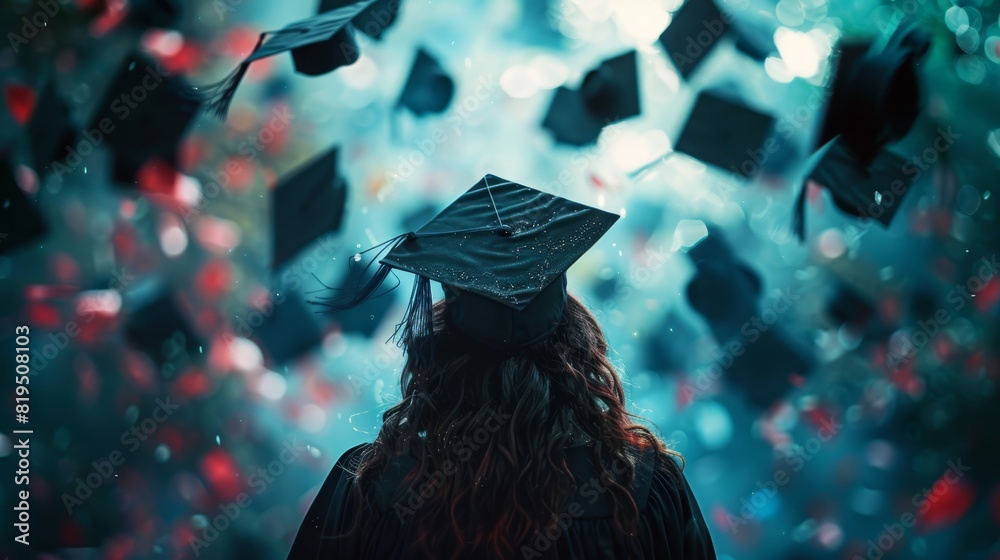 Student wearing graduation cap stands facing flying caps in air ...