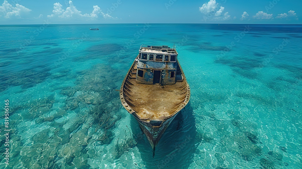 The eerie outline of a shipwreck, visible through the clear blue waters ...