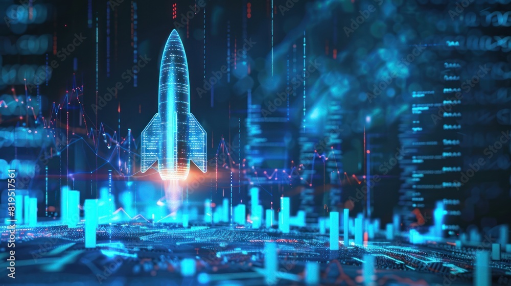 Futuristic blue glowing rocket launching candlesticks chart digital ...