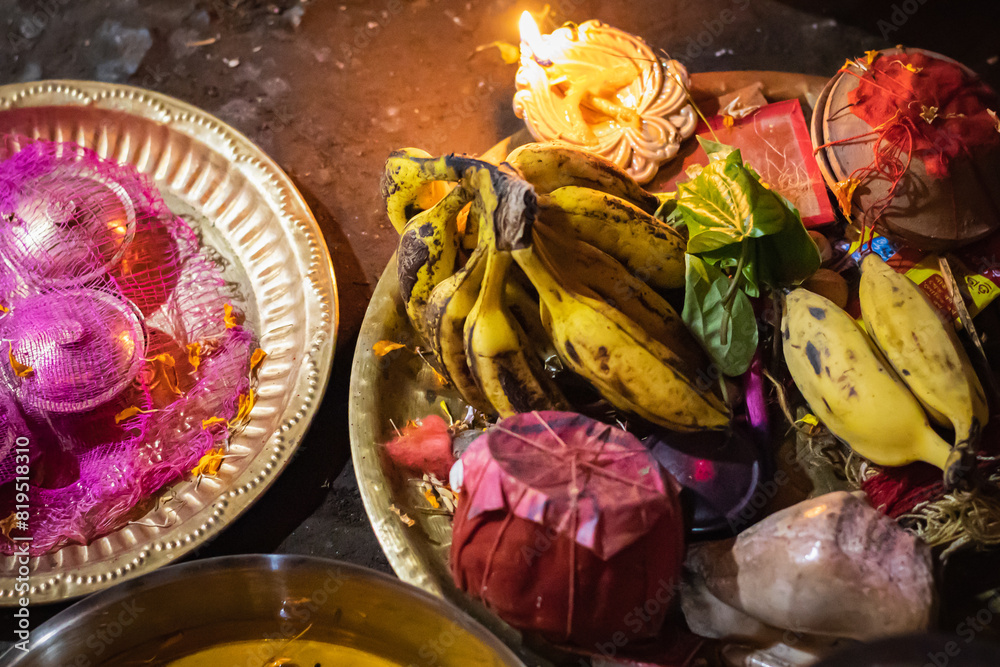 Religious items on boron dala or copper plate for hindu puja rituals ...