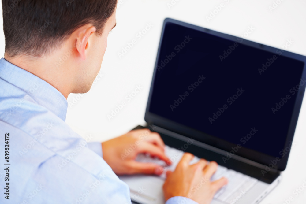 Laptop, screen and consultant working on sales pitch, website or ...