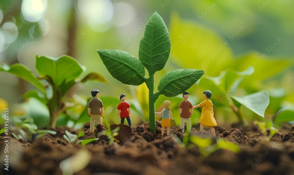Miniature people with green seedling growing in soil, Ecology. Tiny ...