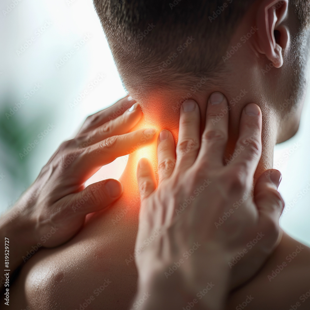 The image shows a close-up of a person's hand pressing on the back of ...