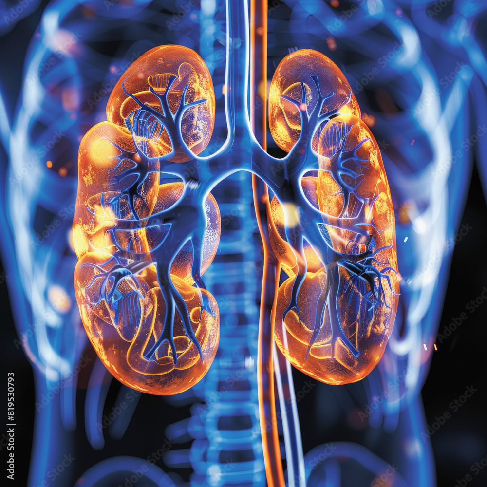 A digital illustration of a human body highlighting the renal system ...
