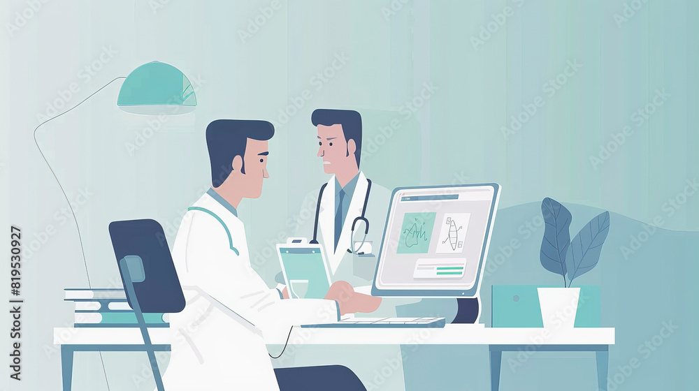 Two animated doctors are having a discussion in an office setting with ...