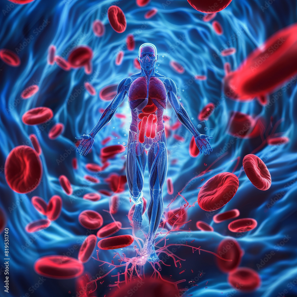 A digital illustration of a human circulatory system with a transparent ...