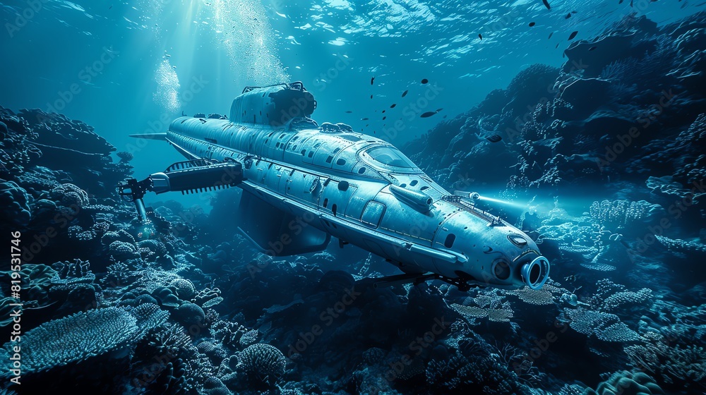 A hightech submarine exploring coral reefs with robotic arms collecting ...