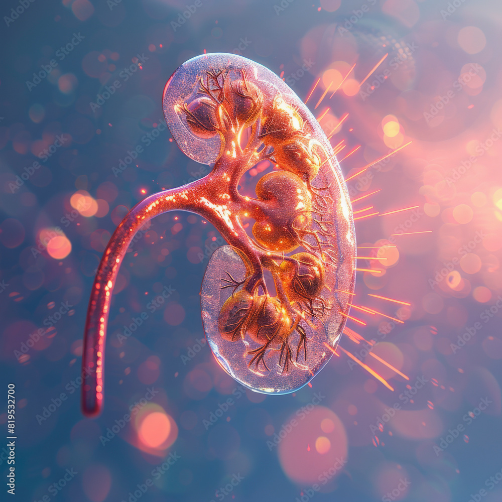 A digital illustration of a human kidney with a detailed view of the ...