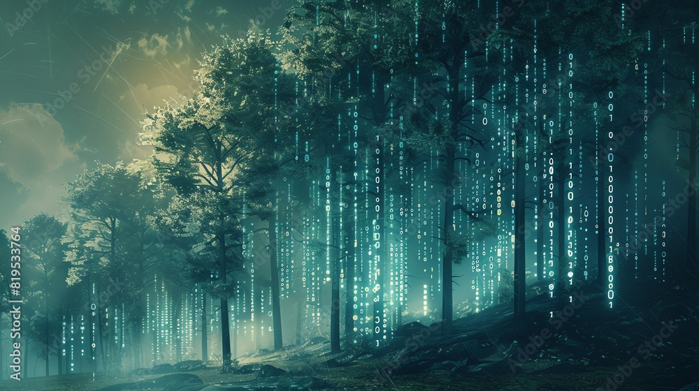 A digital forest where trees are made of binary codes, side view ...