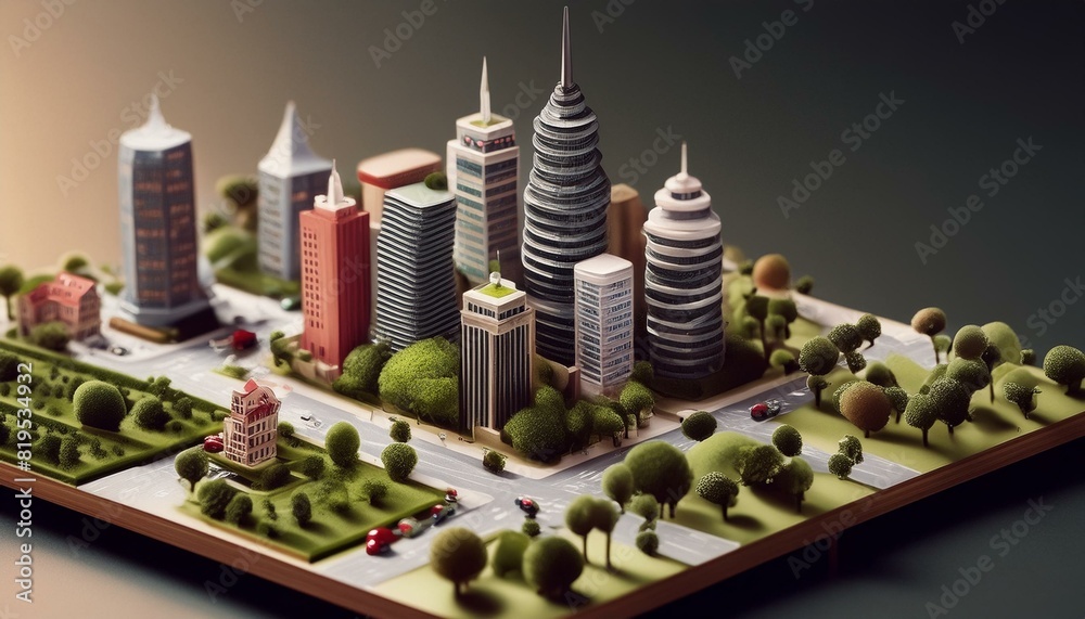 A small busy town surrounded by tall buildings map isometric 3D render ...