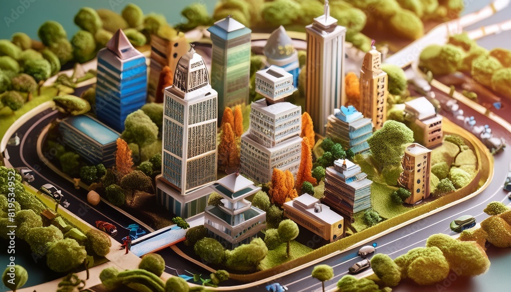 A small busy town surrounded by tall buildings map isometric 3D render ...