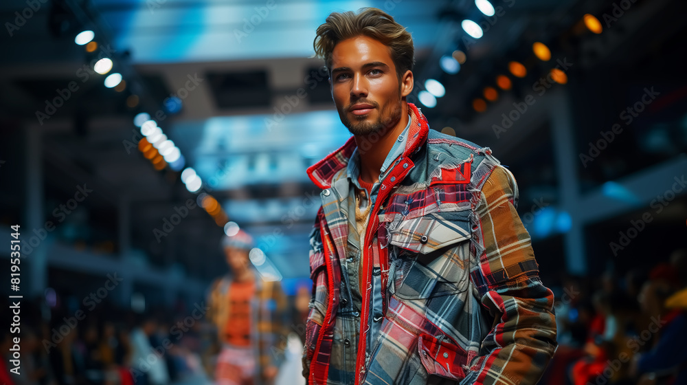 man model walking in fashion show, handsome guy posing in runway. Wall ...