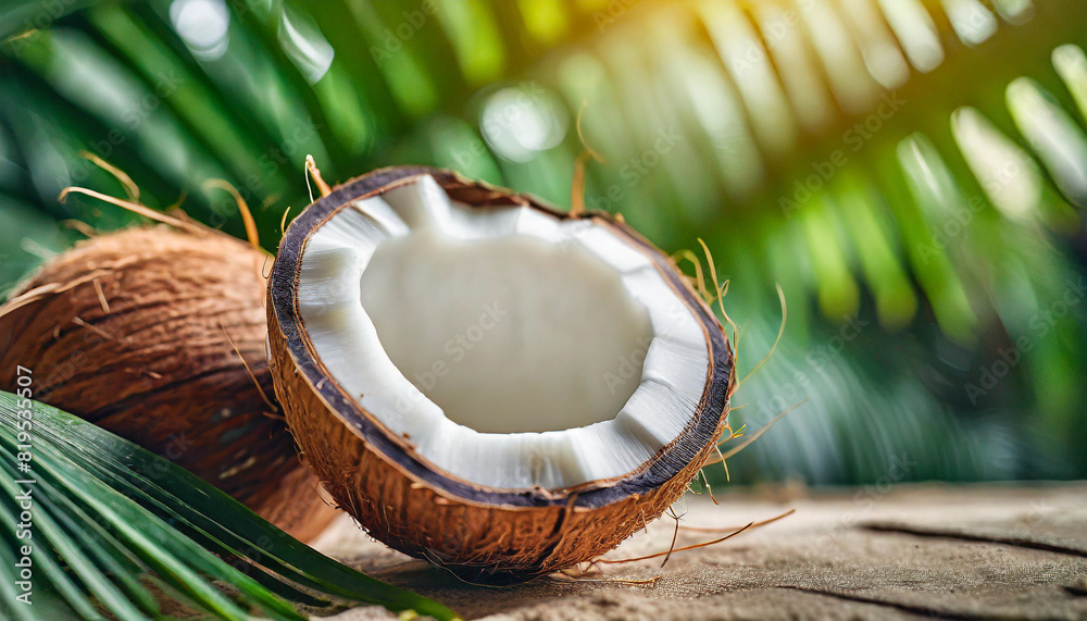 open coconut viewed from the top, filled with coconut milk. The clean ...