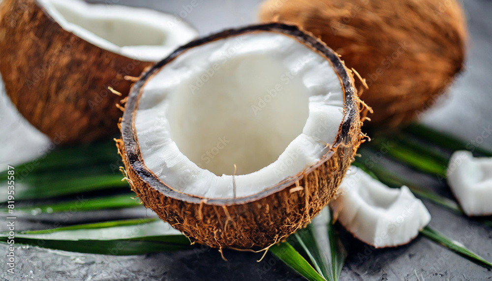 open coconut viewed from the top, filled with coconut milk. The clean ...