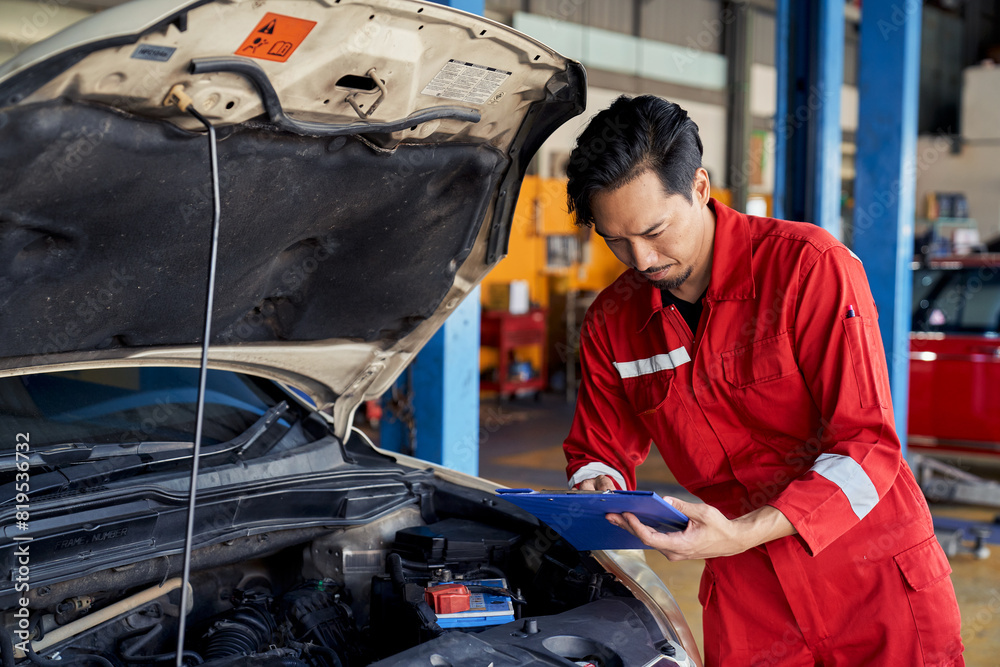Auto mechanic working in garage with check list chart for maintainance ...