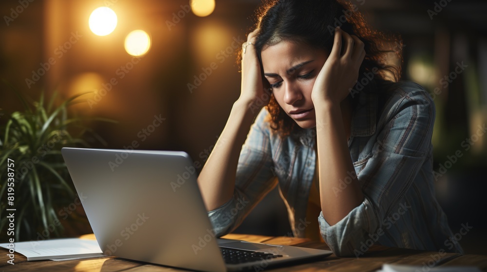 woman sitting down, his face unsettled. At the computer desk she has ...