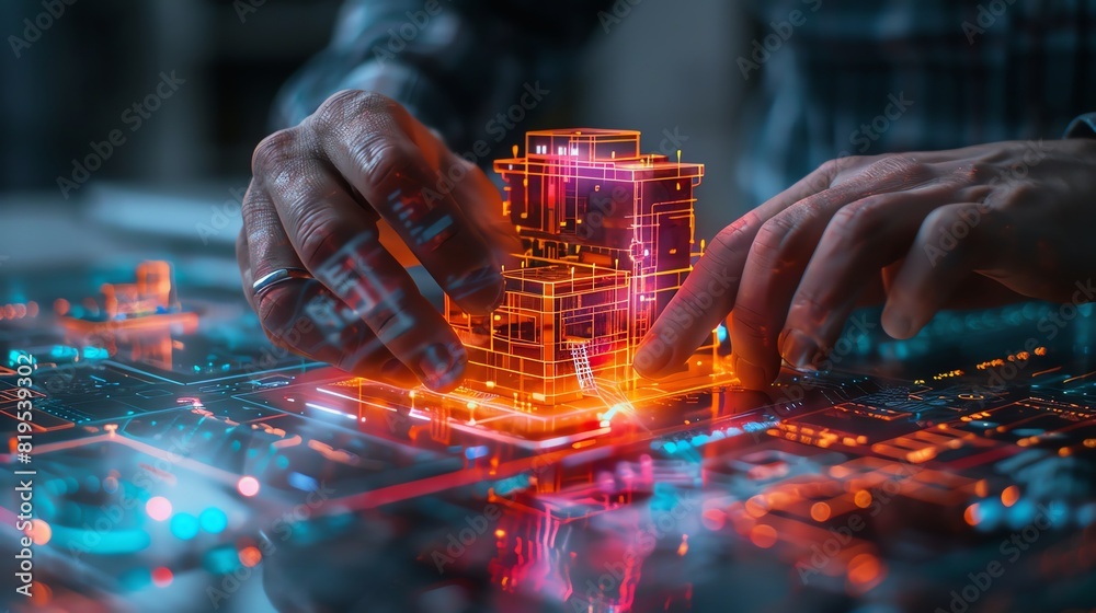 An architect designing sustainable buildings using a 3D holographic model, top view, depicting ...