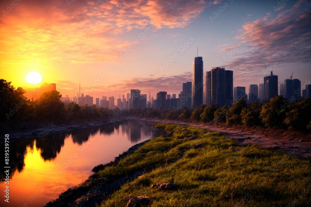 city buildings reflection in lake river pond water during sunset in ...