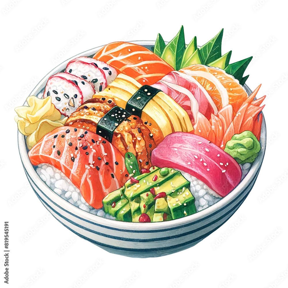 Popular Japanese menu Donburi (rice bowls with toppings) watercolor ...
