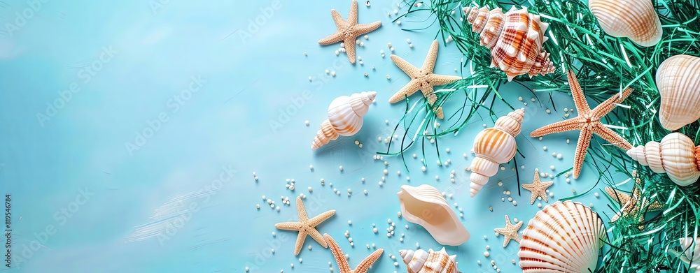 The composition of sea shells, starfish and green tinsel on the table ...