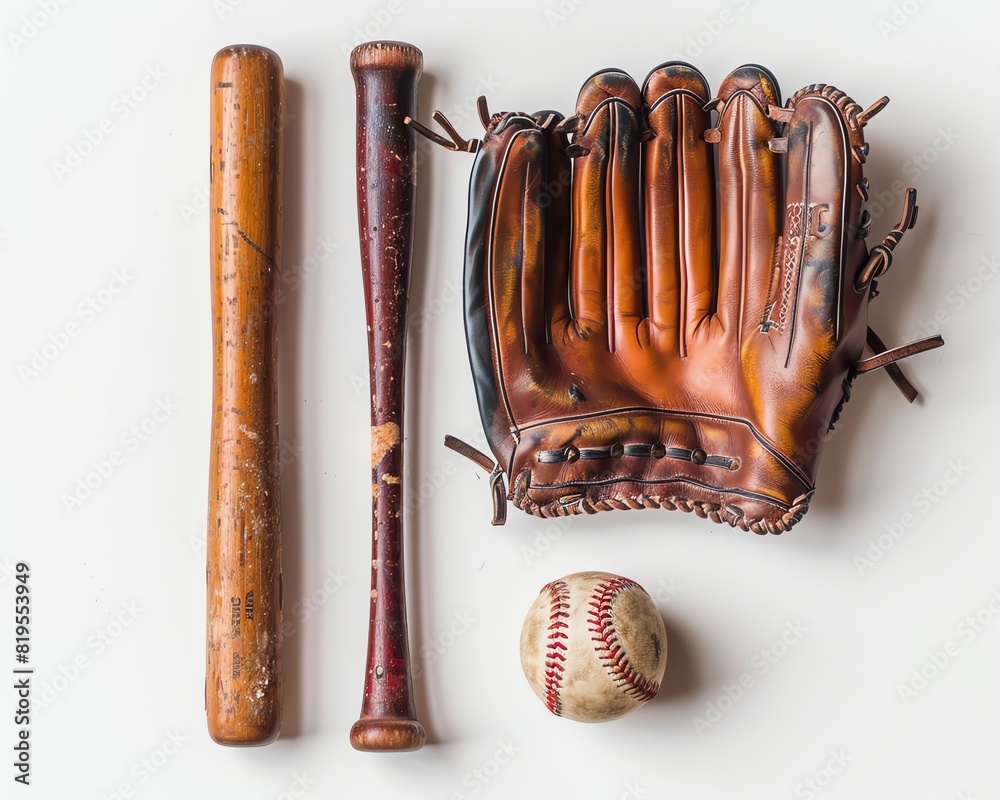 Baseball bat, ball, and glove arranged neatly, white background, Sports ...