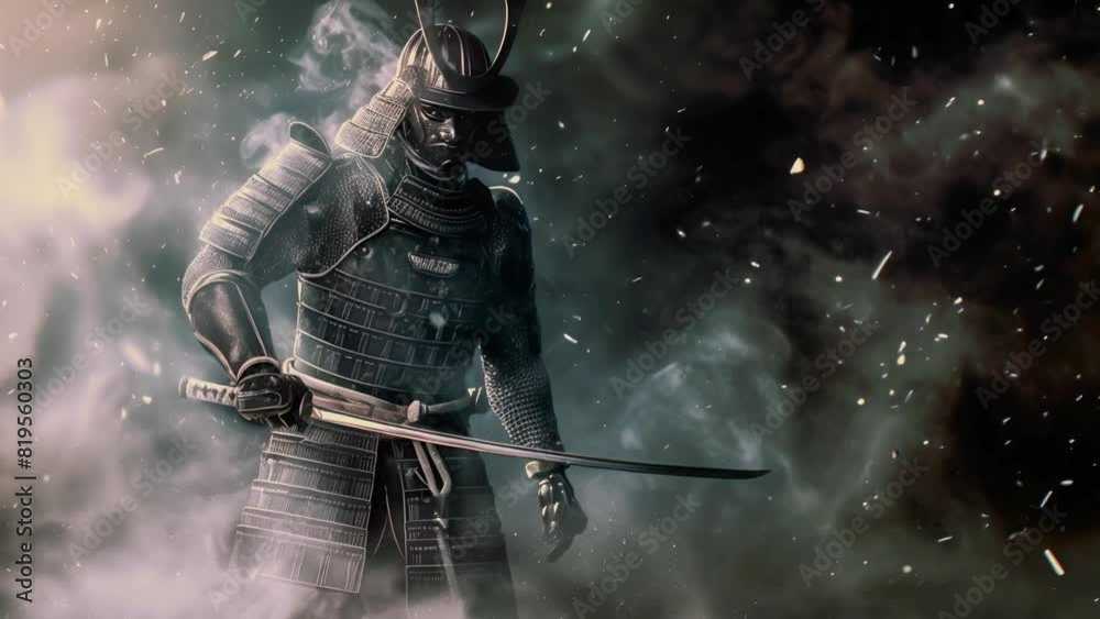 Samurai warrior in full armor holding a katana amidst smoke and sparks ...
